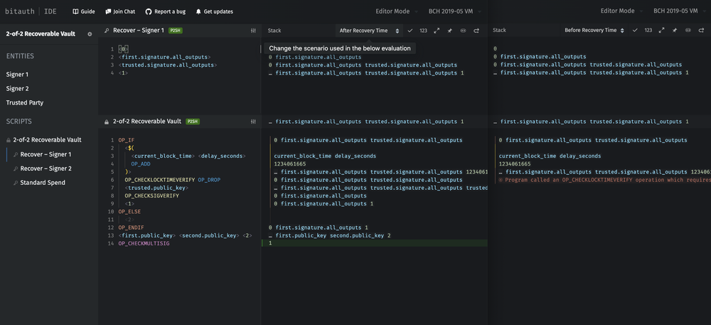 Time Travel in Bitauth IDE with Scenarios
